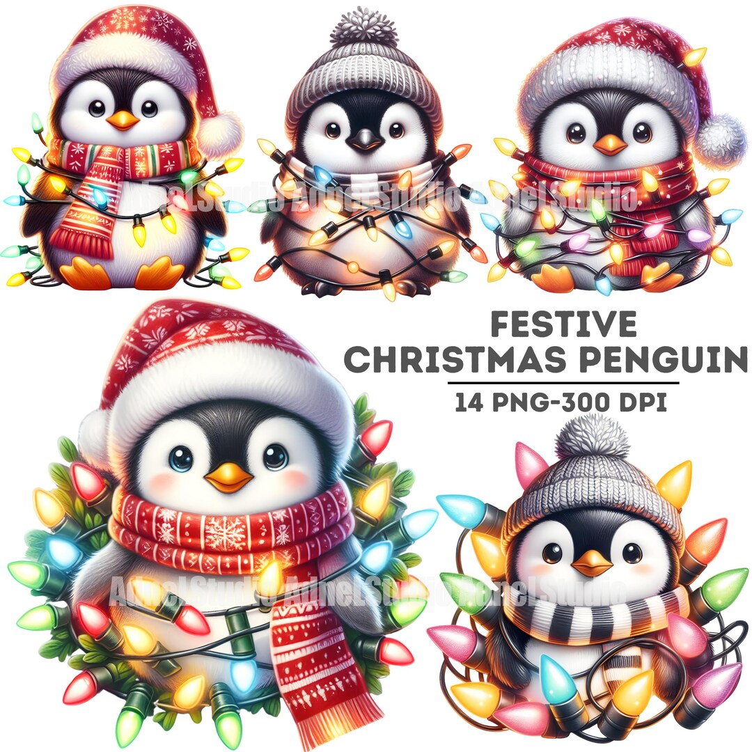 Festive Christmas Penguin Clipart, Cute Holiday Digital Art, Winter ...