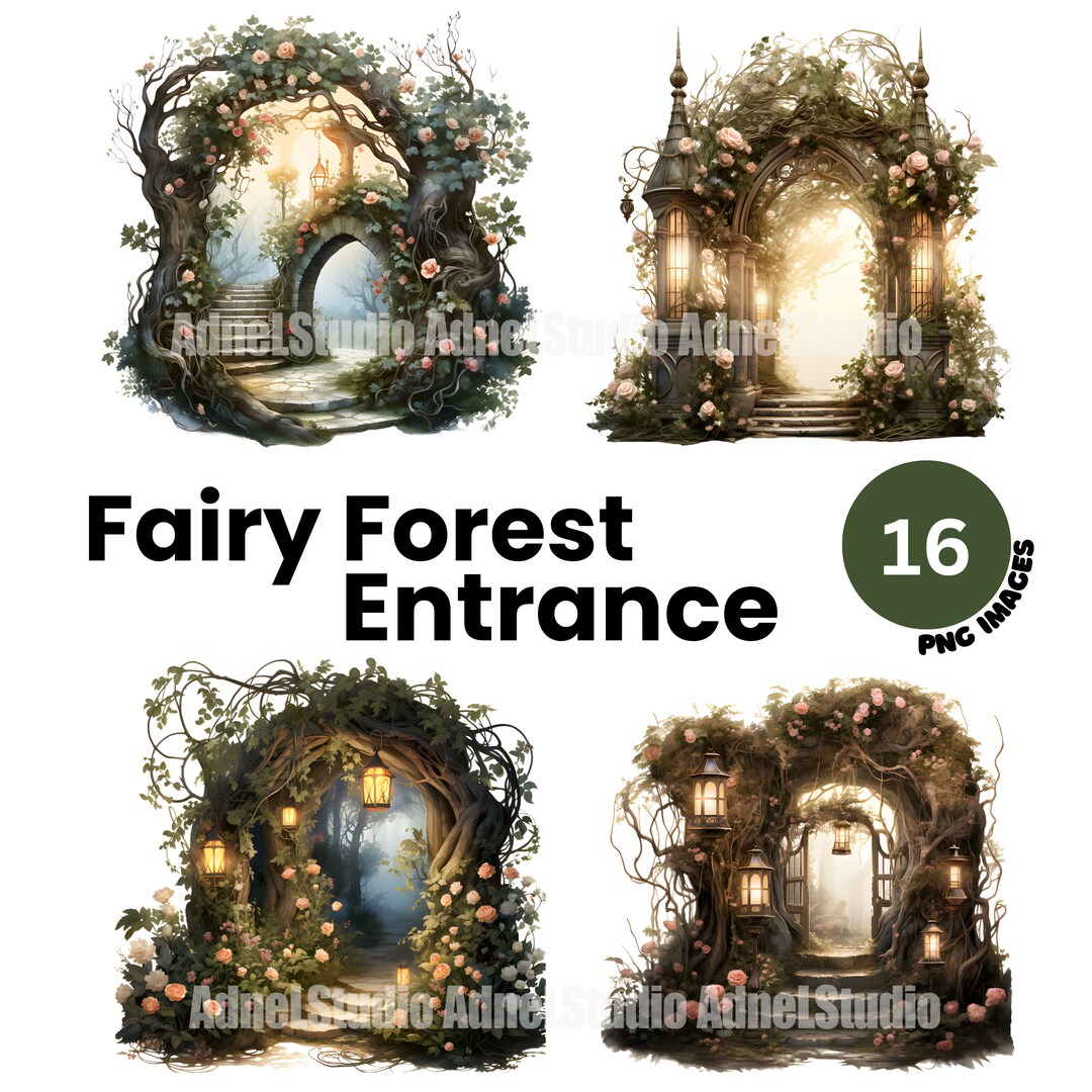 Watercolor Fairy Forest Entrance Clipart - Fairy Forest Clipart ...