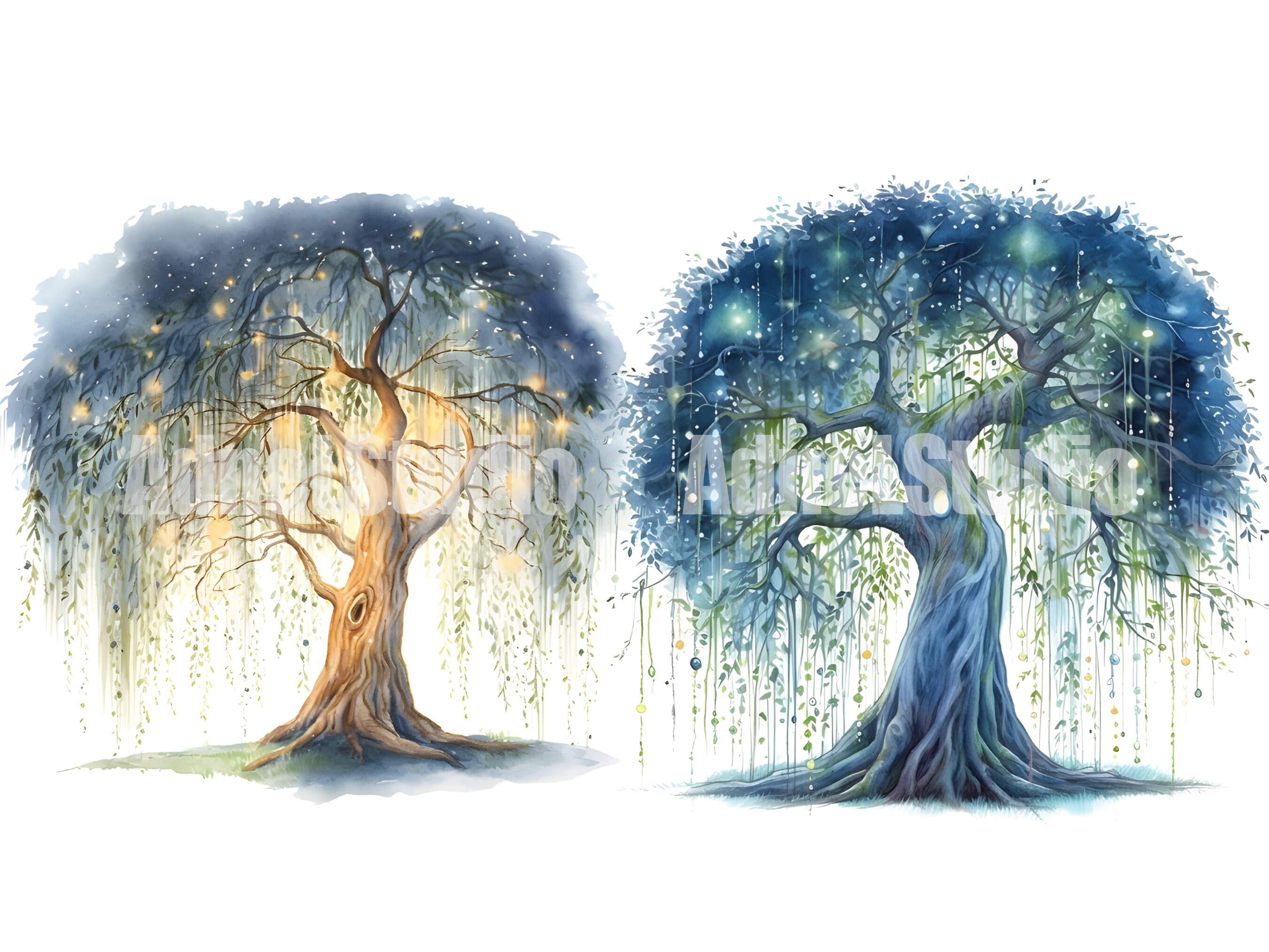 Watercolor Fairy Light Willow Tree Clipart - Willow Tree Landscape ...