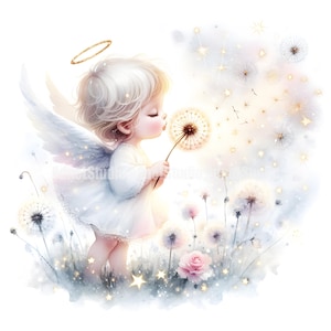 Little Angel Blowing Dandelion Digital Art, Cute Angelic Illustration ...