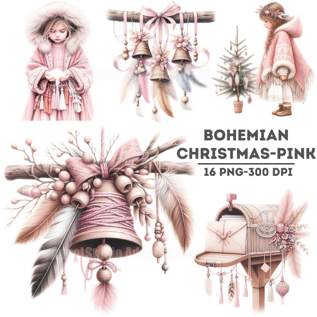 Bohemian Pink Christmas PNG Bundle, Pink Boho Christmas Clipart, Pink ...