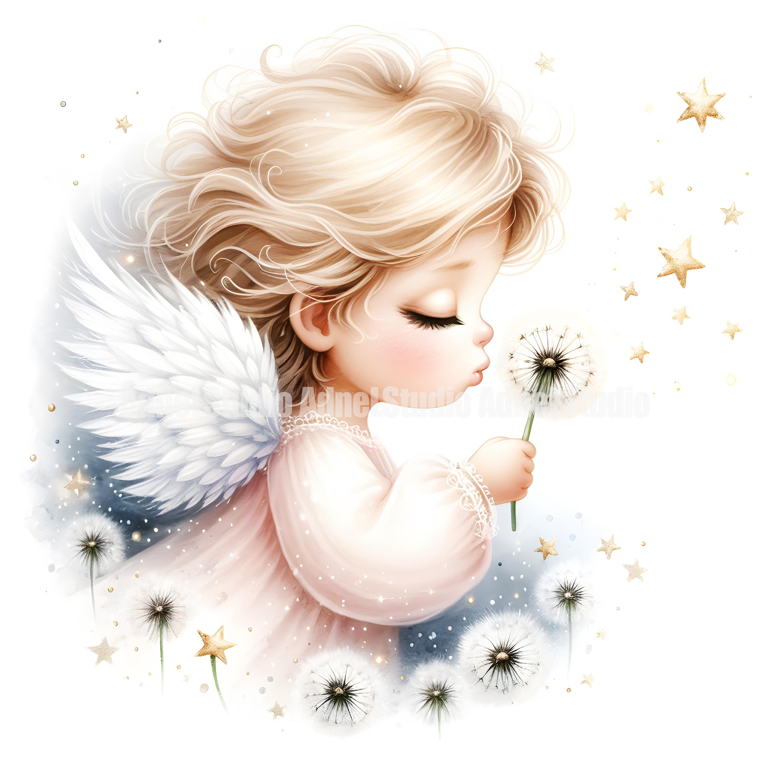 Little Angel Blowing Dandelion Digital Art, Cute Angelic Illustration ...