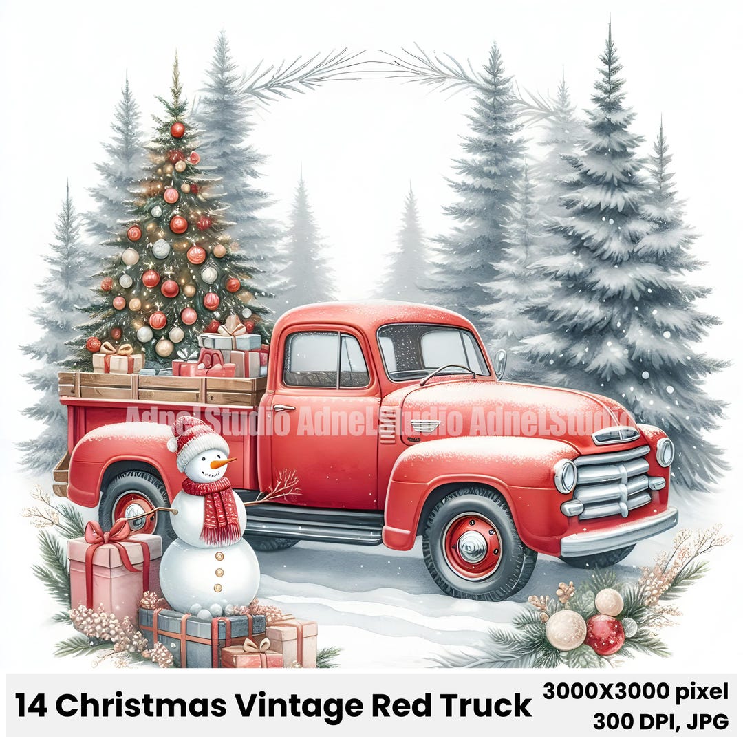 Christmas Vintage Red Truck Clipart Bundle, Holiday Retro Truck With ...