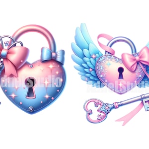 Watercolor Valentines Day Clipart, Heart Lock and Key Clipart, Romantic ...