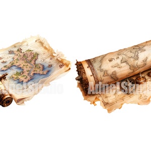 Watercolor Old Treasure Map Clipart - Nautical Decoration Clipart ...