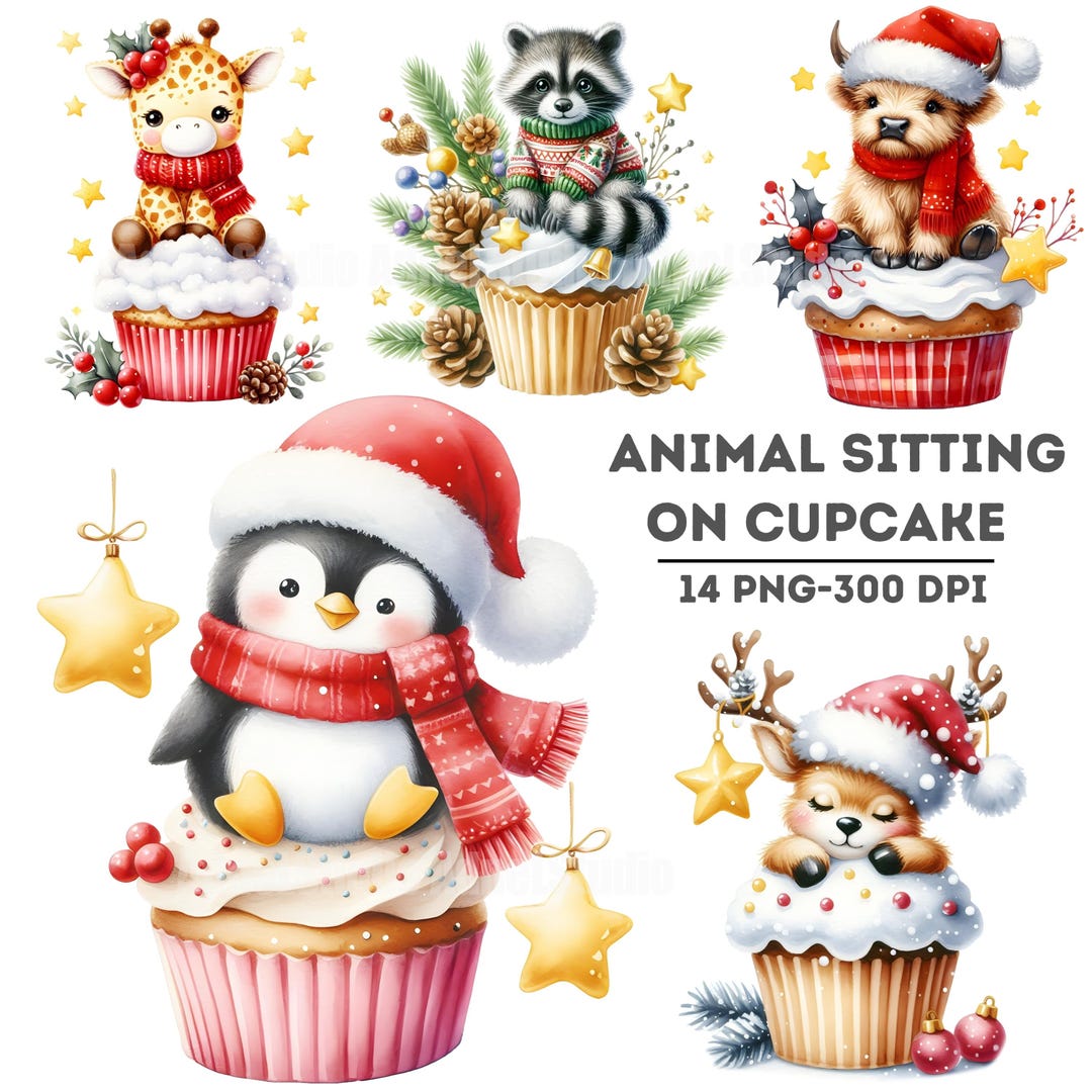 Adorable Animals on Cupcakes PNG Clipart Set, Cute Christmas Clipart ...