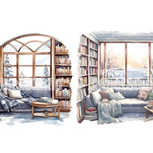 Watercolor Winter Cozy Reading Nook Clipart - Vintage Cottagecore ...