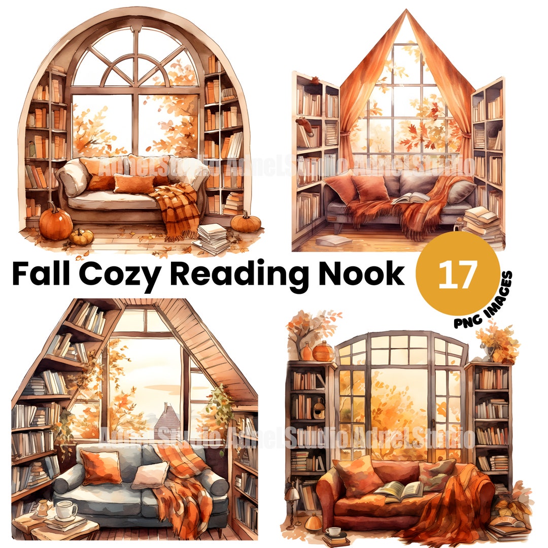 Watercolor Autumn Cozy Reading Nook Clipart - Vintage Cottagecore ...