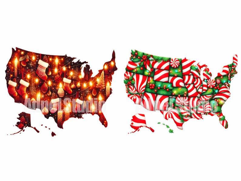Christmas USA Map Clipart, Festive Holiday USA Map Digital Download ...