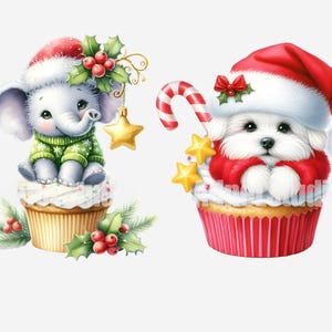 Adorable Animals on Cupcakes PNG Clipart Set, Cute Christmas Clipart ...