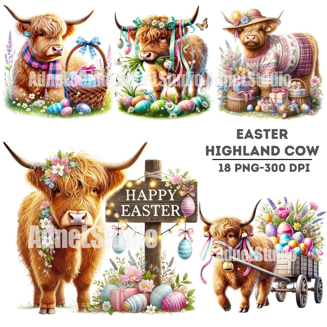 Watercolor Easter Highland Cow Clipart, Cute Spring Animal PNG, Pastel ...
