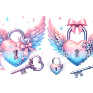 Watercolor Valentines Day Clipart, Heart Lock and Key Clipart, Romantic ...