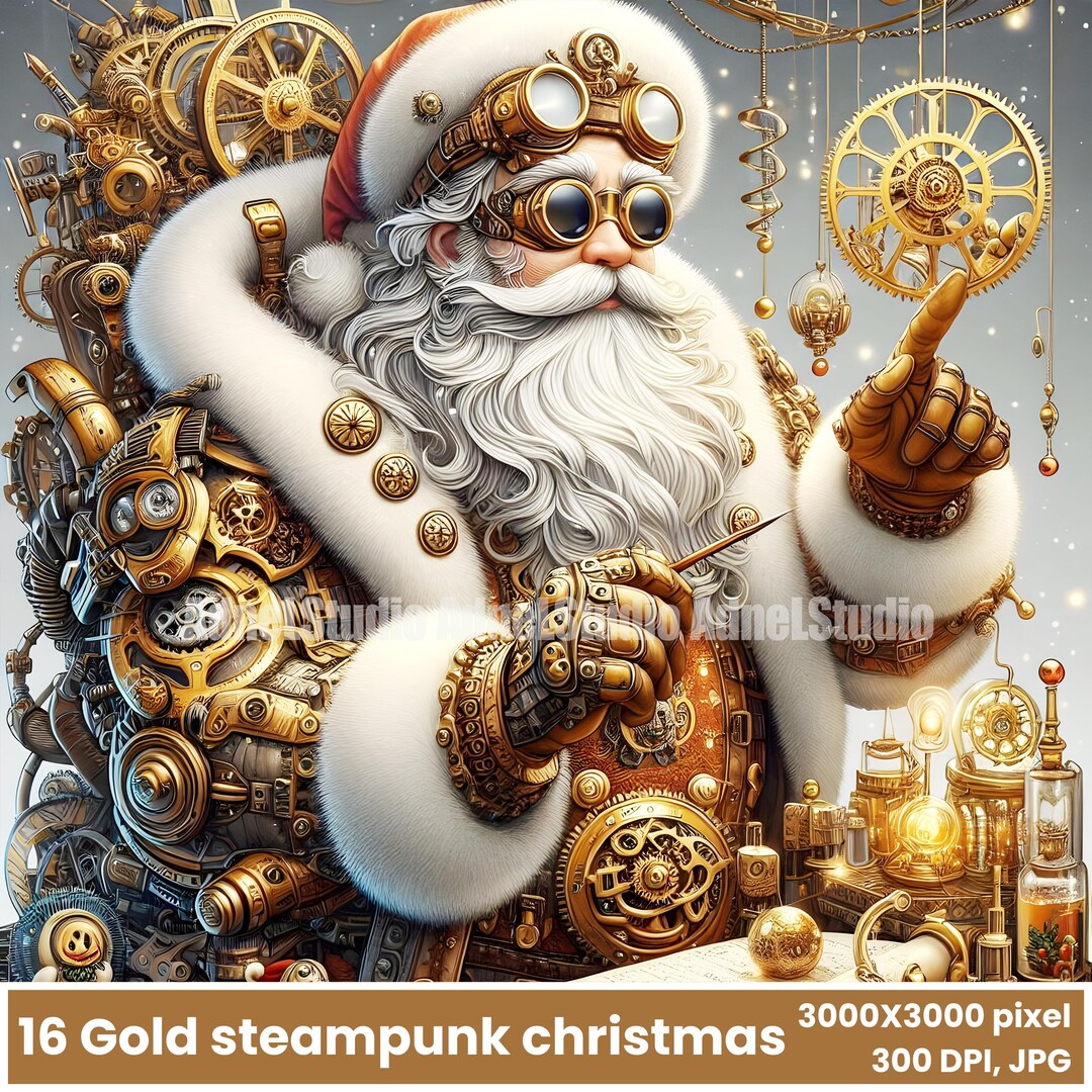Gold Steampunk Christmas Digital Art, Victorian Holiday Home Decor ...