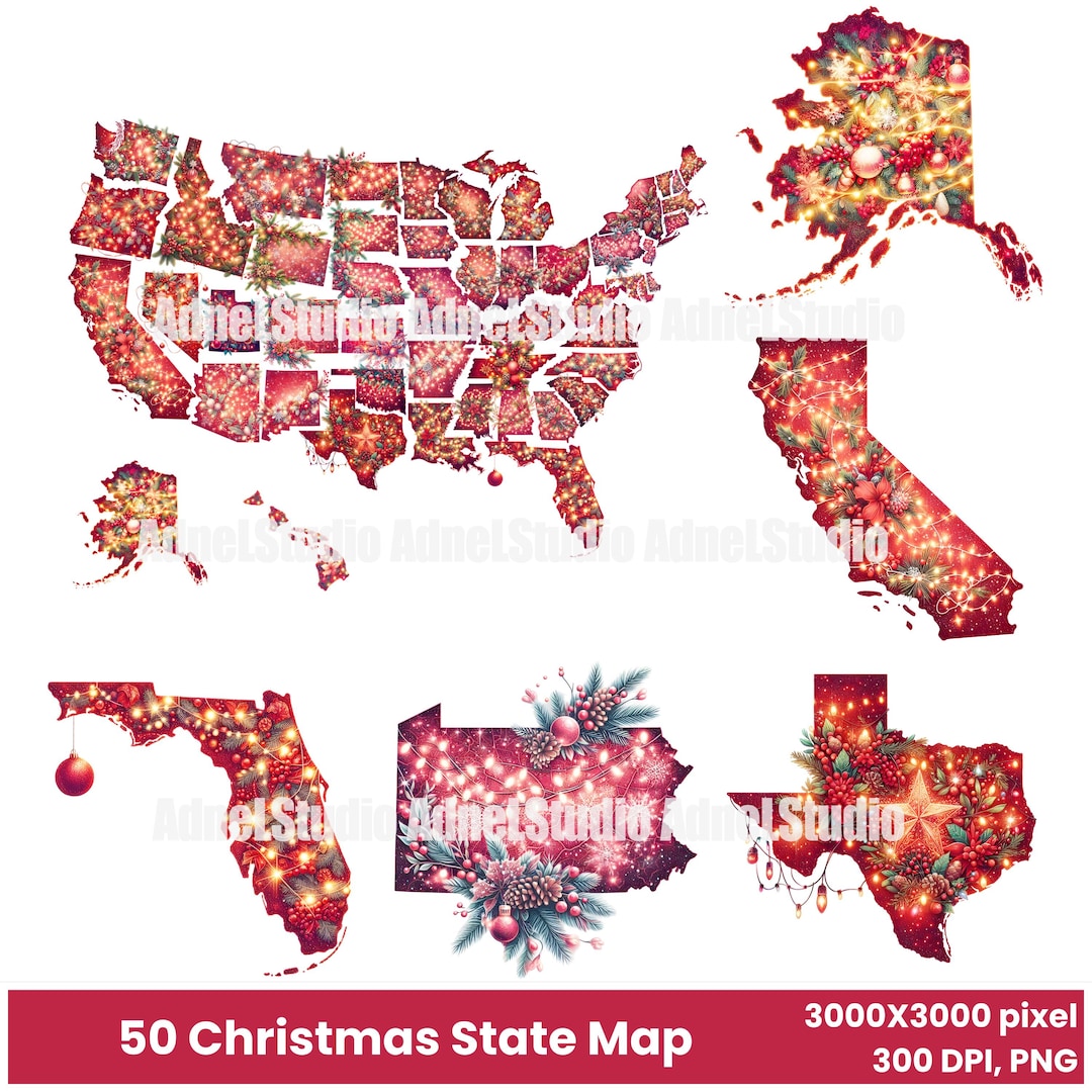 Festive Christmas USA State Map Clipart, 50 State Christmas Map Clipart ...