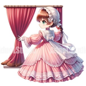 Watercolor Victorian Maid Girl Clipart, Chibi Girl Clipart, Little Pink ...