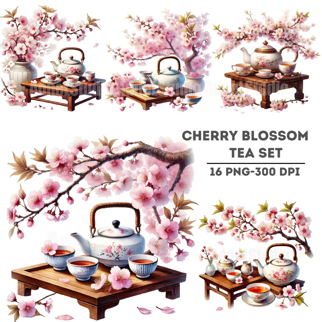 Watercolor Cherry Blossom Tea Set, Japanese Tea Clipart, Floral PNG ...