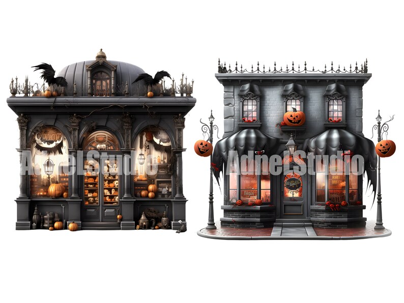 Halloween Storefront Clipart, Watercolor Halloween Shop Clipart ...