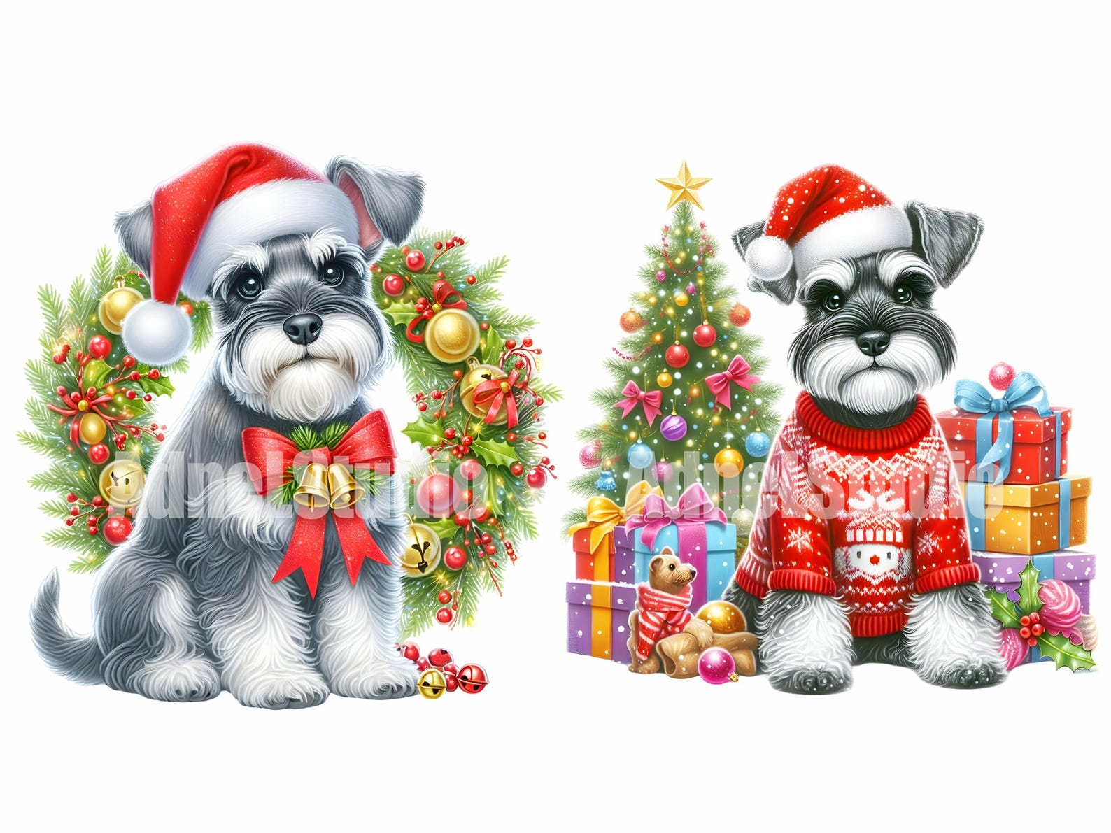Christmas Miniature Schnauzer Clipart Set, Festive Dog Illustrations ...