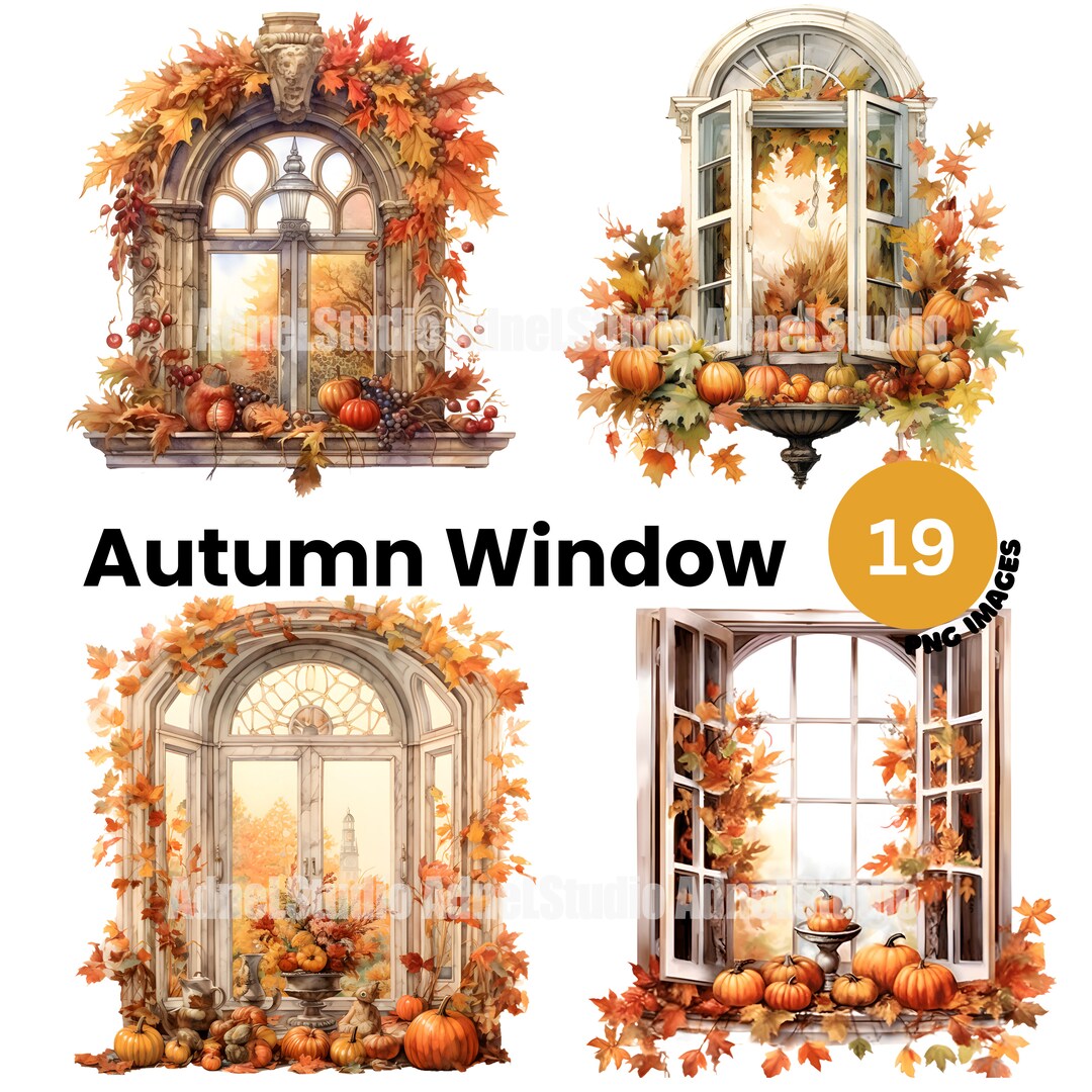 Victorian Fall Window Clipart, Cozy Autumn Window Clipart, Watercolor ...