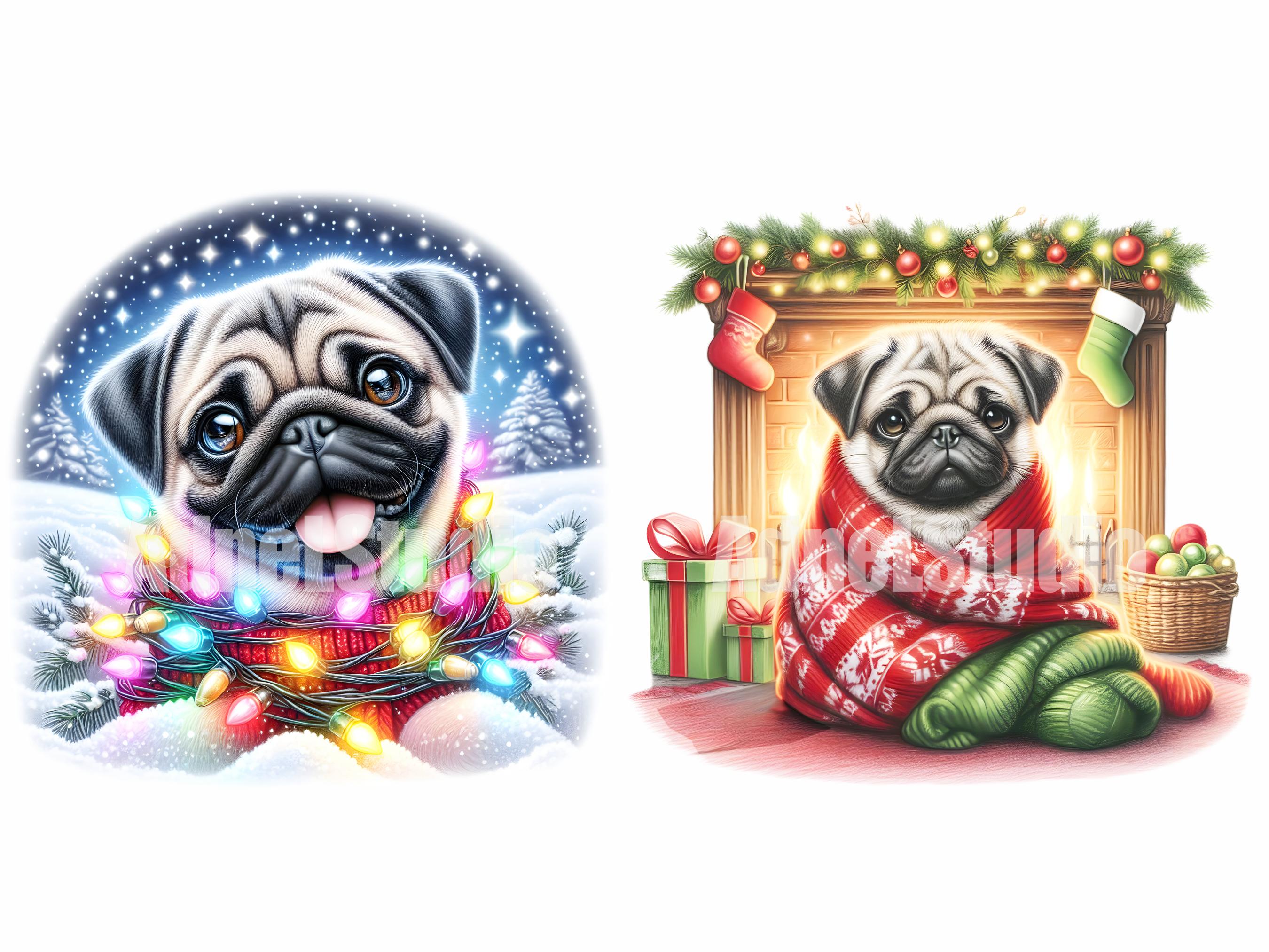 Christmas Pug Clipart Set, Cute Holiday Dog Illustrations, Adorable ...