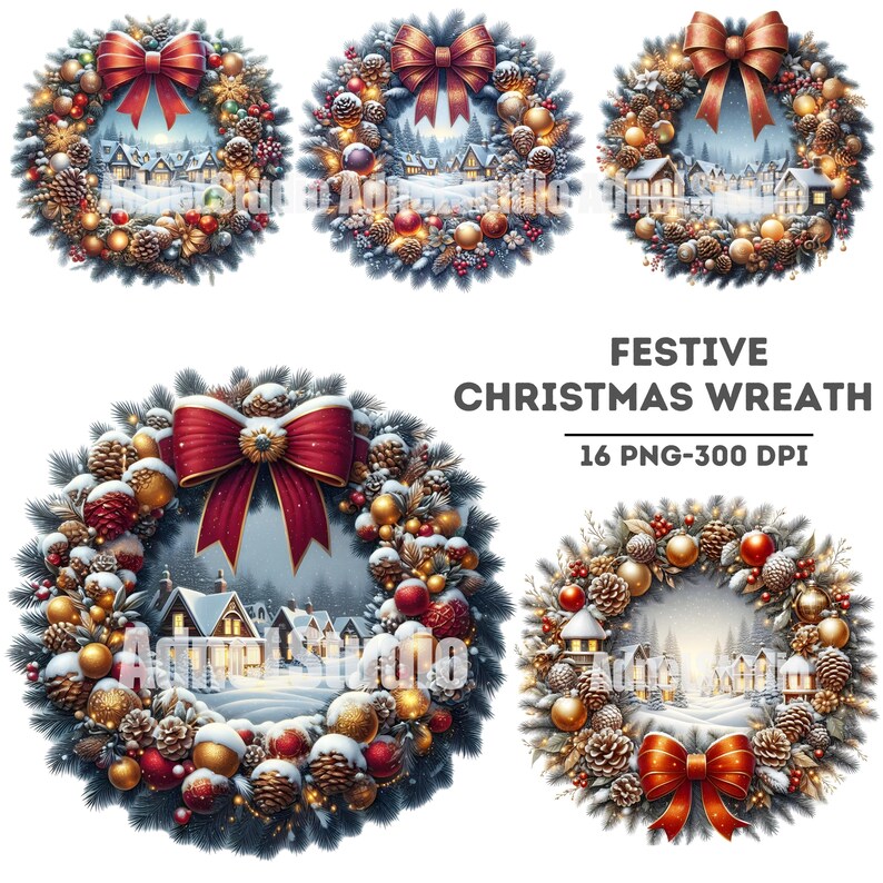 Festive Christmas Wreath PNG Clipart Bundle, Transparent Background ...