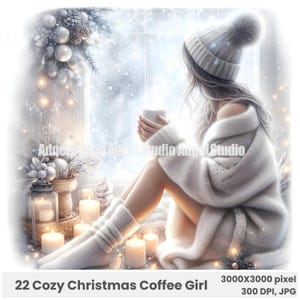 22 Cozy Christmas Coffee Girl Clipart, Cozy Winter Coffee Lover Scene ...