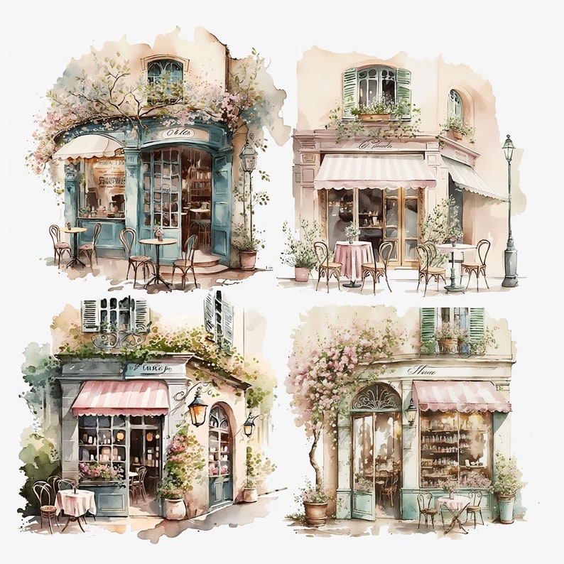 Watercolor Spring Coffee Shop Clipart 20 High Quality Cafe - Etsy