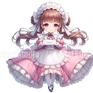Watercolor Victorian Maid Girl Clipart, Chibi Girl Clipart, Little Pink ...