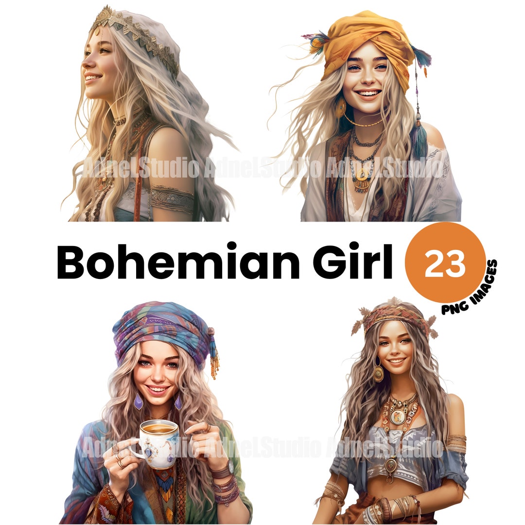 Bohemian Girl Clipart - Watercolor Boho Girl Clipart, Bohemian Women Clipart, Natural Aesthetic ...