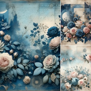 Vintage Blue Rose Junk Journal, Shabby Paper Roses, Vintage Victorian ...