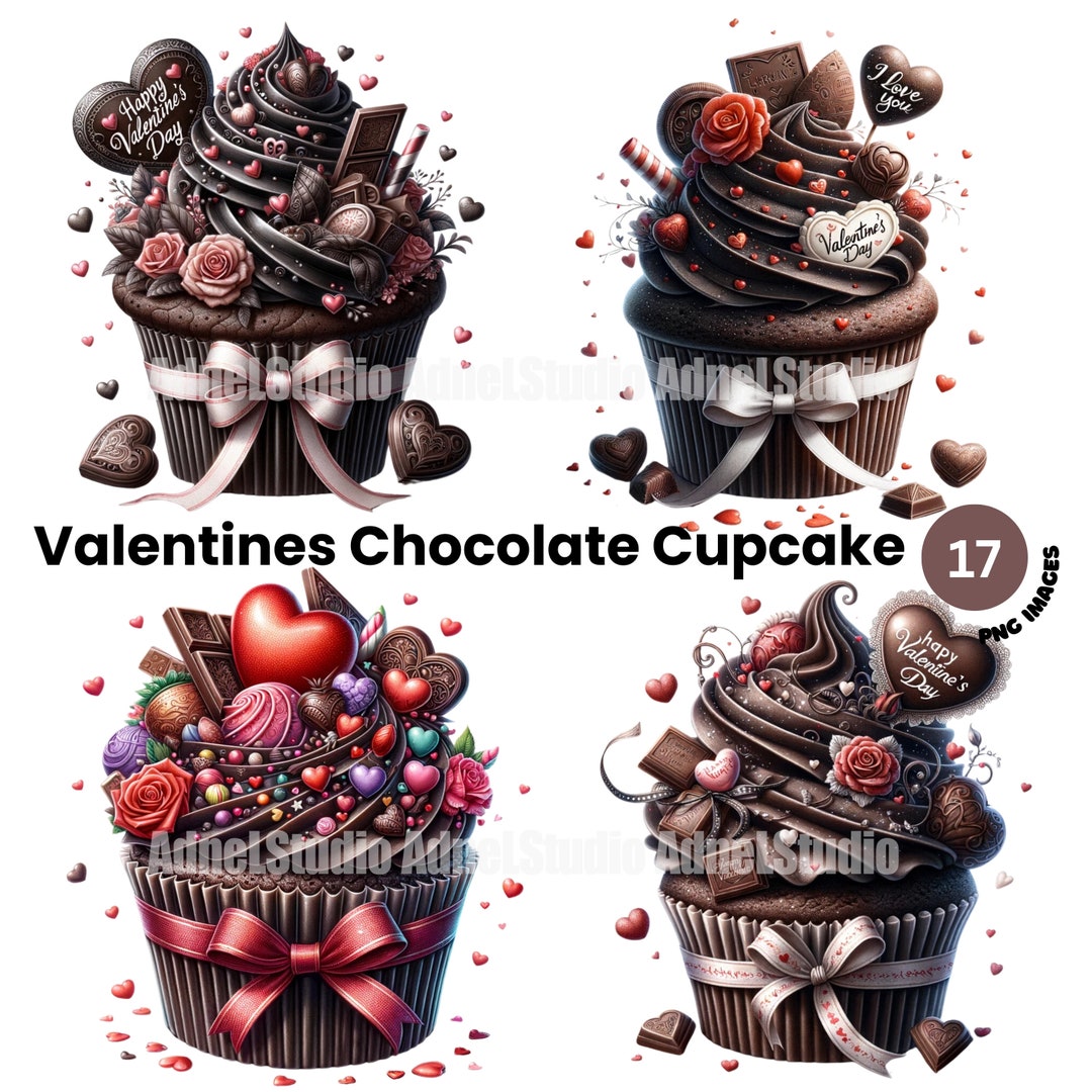 Watercolor Valentines Cupcake Clipart: Romantic Chocolate Designs (17 ...