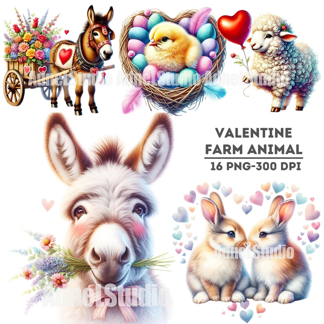 Valentine Farm Animal Clipart, Cute Bunny PNG, Romantic Birds, Donkey ...