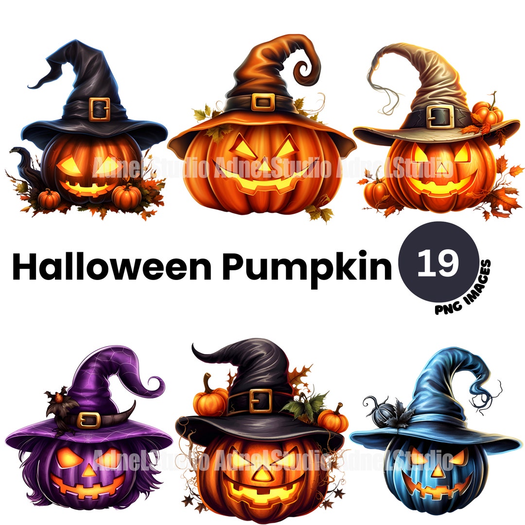 Halloween Pumpkin Clipart, Watercolor Halloween Pumpkin With Witch Hat ...