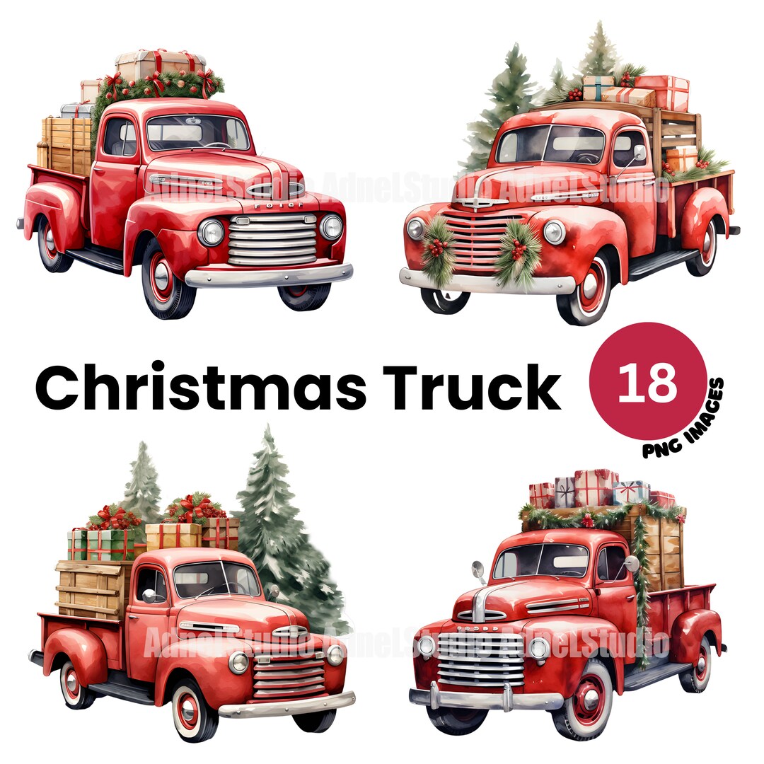 Christmas Truck Clipart - Watercolor Christmas Clipart, Vintage Red ...