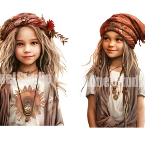 Little Bohemian Girl Clipart, Watercolor Boho Girl Clipart, Bohemian ...