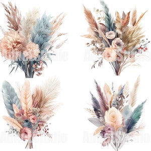 Pastel Boho Flowers Clipart - Watercolor Boho Floral Bouquet Clipart ...