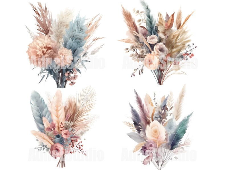 Pastel Boho Flowers Clipart Watercolor Boho Floral Bouquet - Etsy