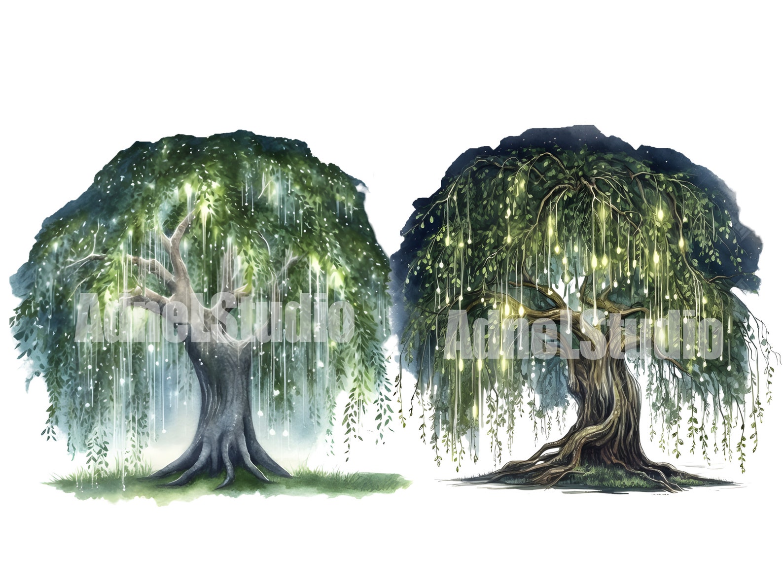 Watercolor Fairy Light Willow Tree Clipart - Willow Tree Landscape ...