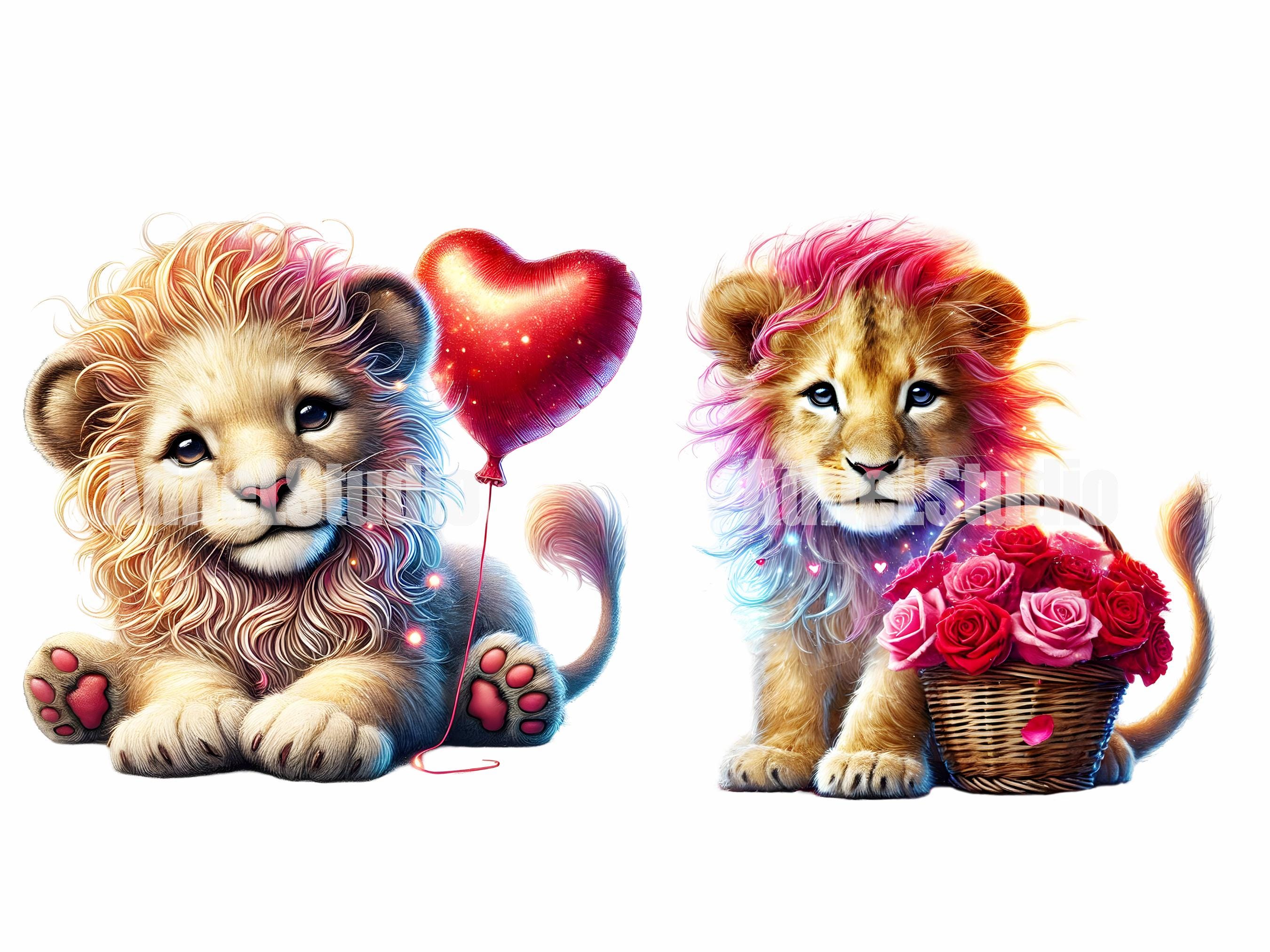Valentine Lion Clipart, Cute Lion PNG, Floral Heart Graphics, Romantic ...