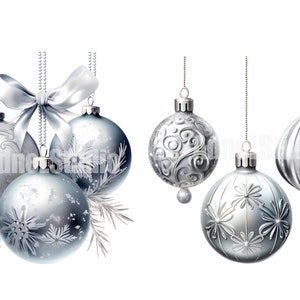 Silver Christmas Ornaments Clipart, Watercolor Ornament Clipart ...