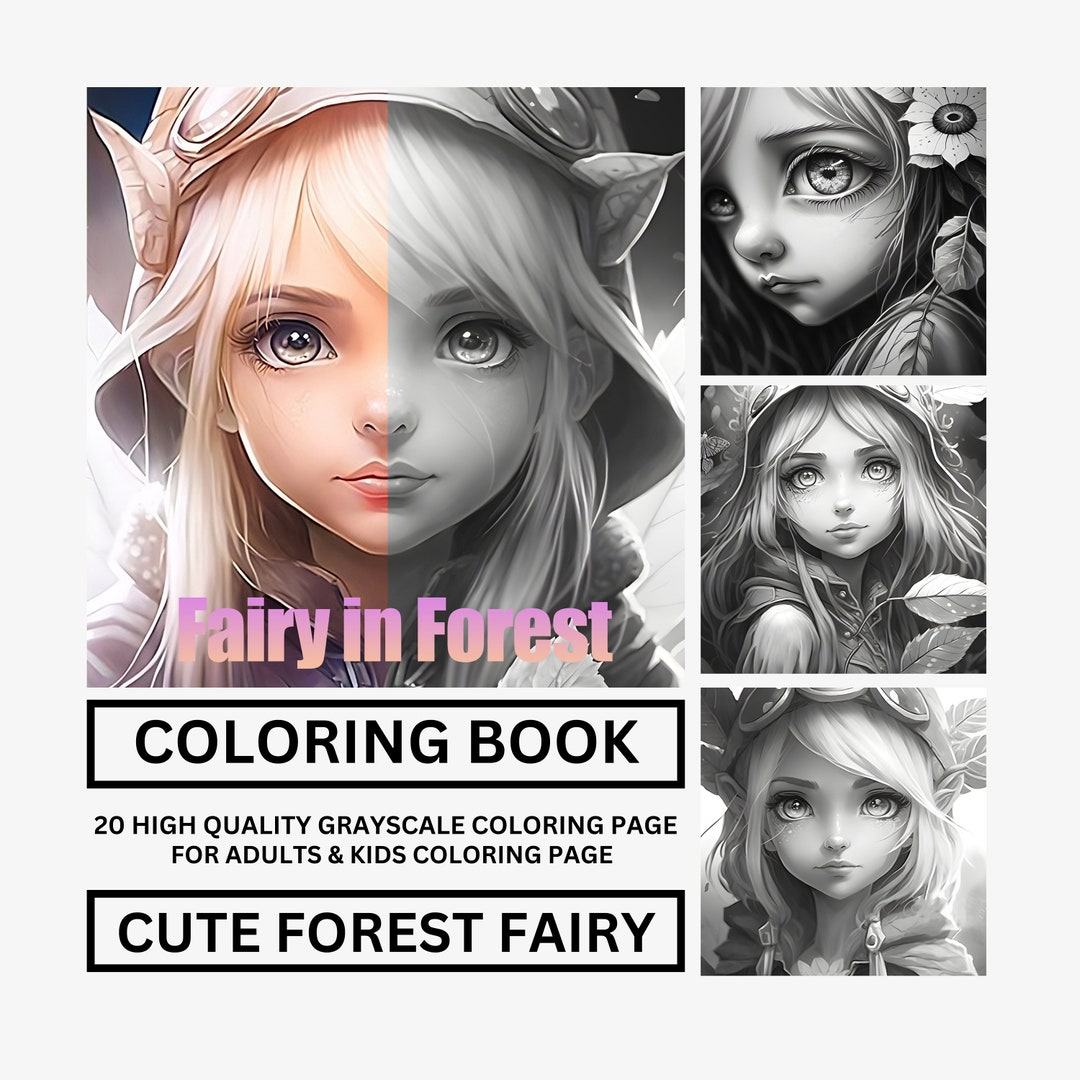 Forest Cute Fairy Girls Coloring Book -20 Pages Grayscale Illustration ...