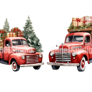 Christmas Truck Clipart - Watercolor Christmas Clipart, Vintage Red ...