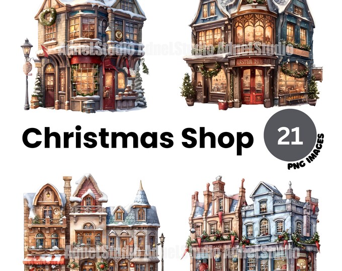 Christmas Village Clipart, Christmas Storefronts Watercolor Clipart ...