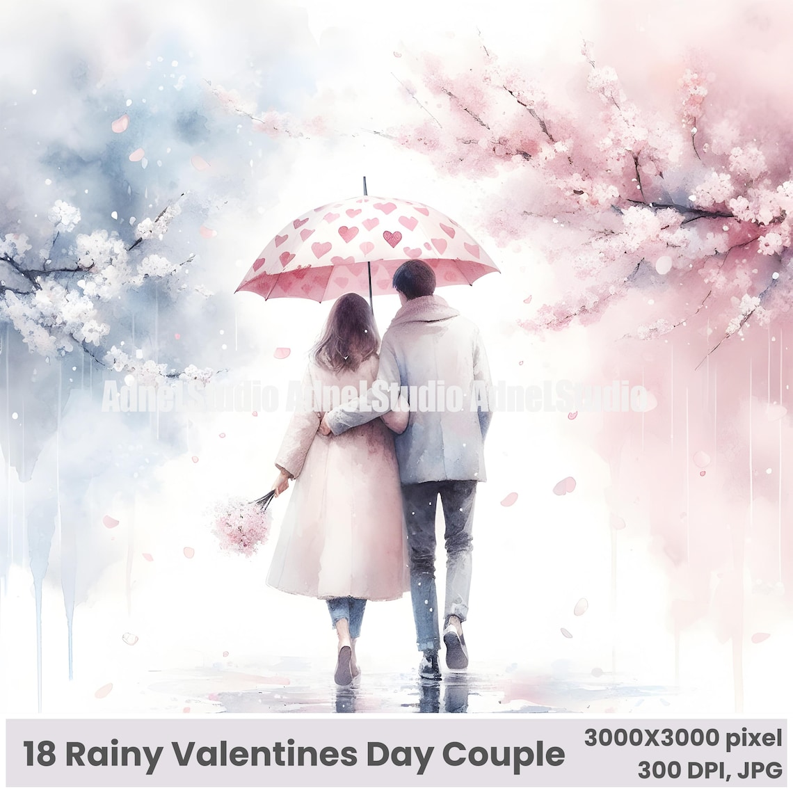 Romantic Rainy Valentine’s Day Couple Digital Prints, Cherry Blossom ...
