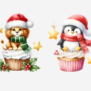 Adorable Animals on Cupcakes PNG Clipart Set, Cute Christmas Clipart ...