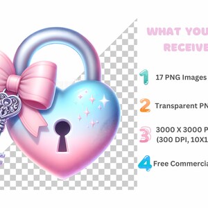 Watercolor Valentines Day Clipart, Heart Lock and Key Clipart, Romantic ...