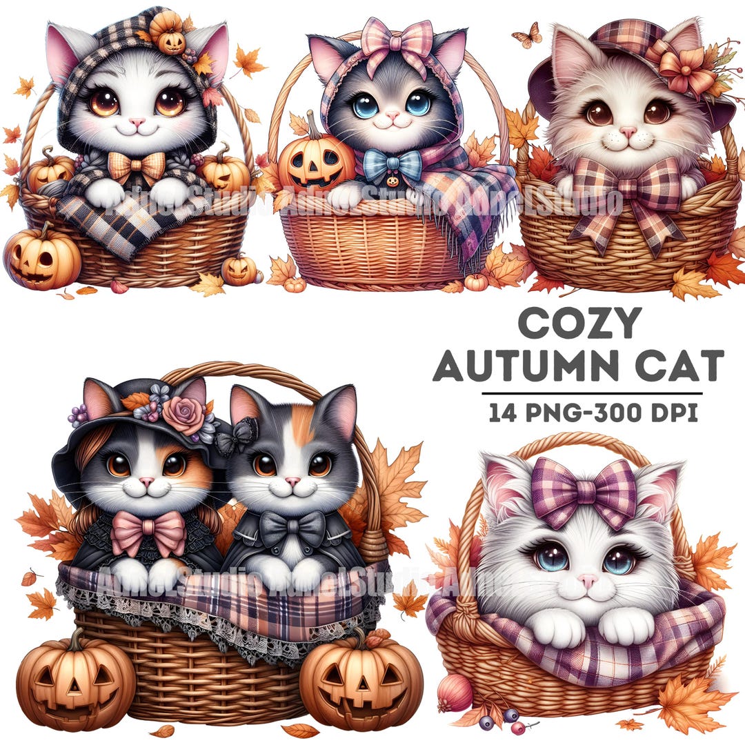 Cozy Autumn Cat Clipart Bundle, Cute Fall Cat Illustrations, Fall Cat ...