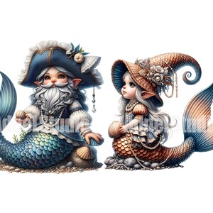 Watercolor Mermaid Gnome Clipart: Nautical PNG Images (digital Download ...