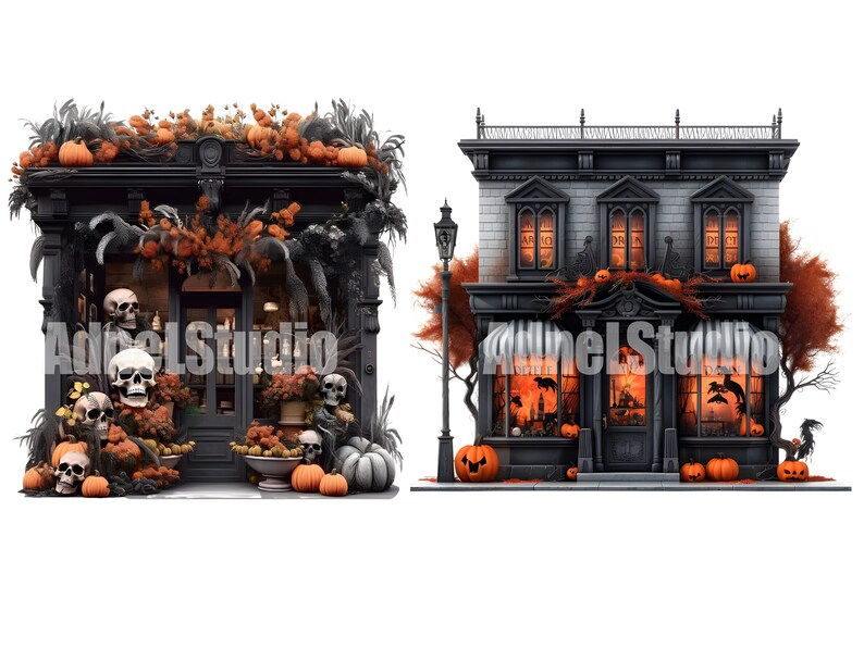 Halloween Storefront Clipart, Watercolor Halloween Shop Clipart ...