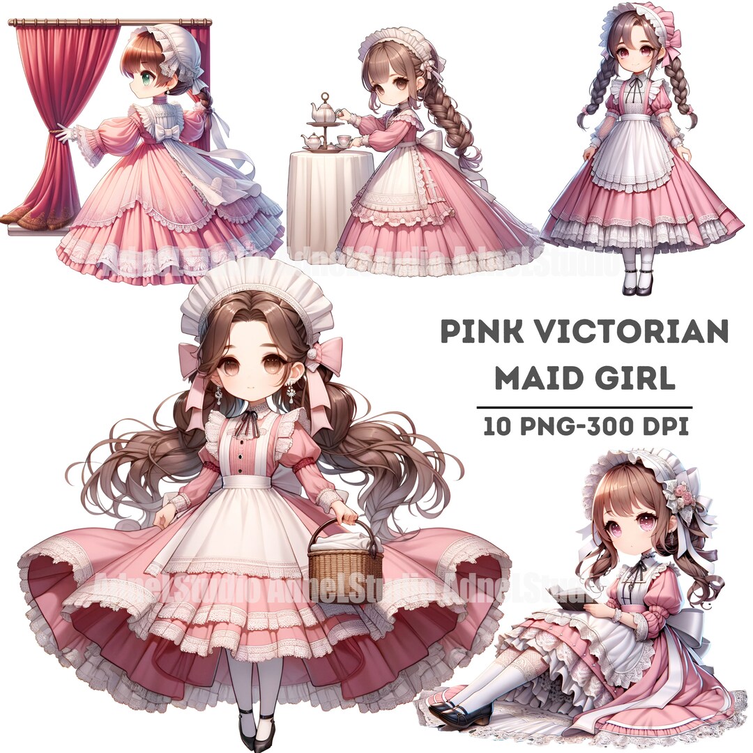 Watercolor Victorian Maid Girl Clipart, Chibi Girl Clipart, Little Pink ...